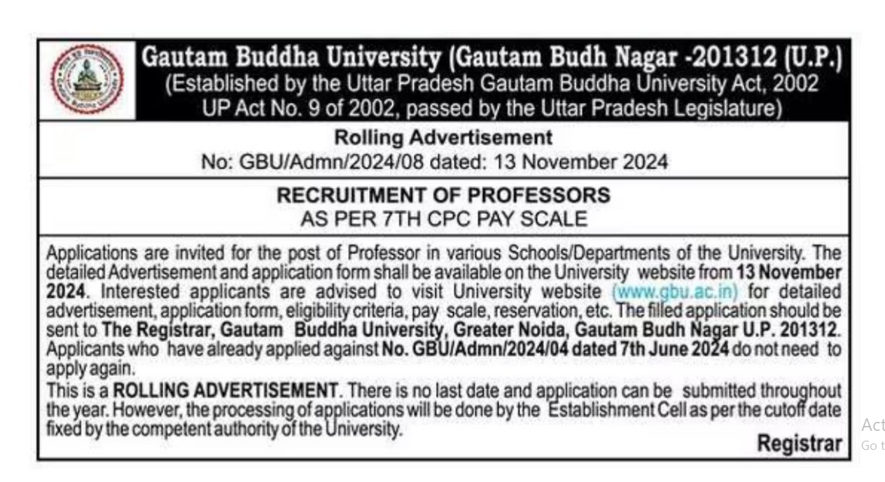 Gautam Buddha University Professor Recruitment 2024 - Apply Now - Faculty Hub