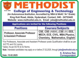 Faculty Openings at Methodist College of Engineering & Technology, Hyderabad - Last Date 27th ...