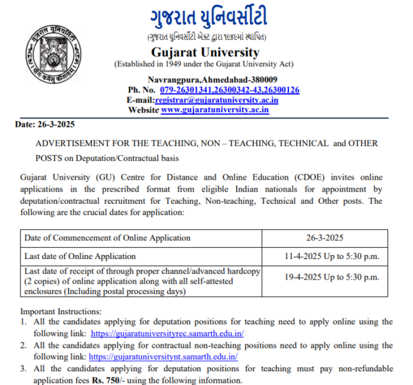 Gujarat University Ahmedabad Teaching and Non-Teaching Recruitment 2025 ...