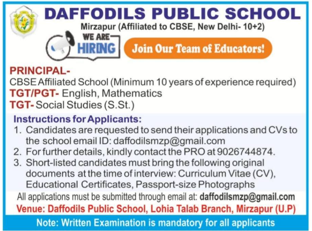 Teacher Recruitment at Daffodils Public School, Mirzapur 2025 - Faculty Hub
