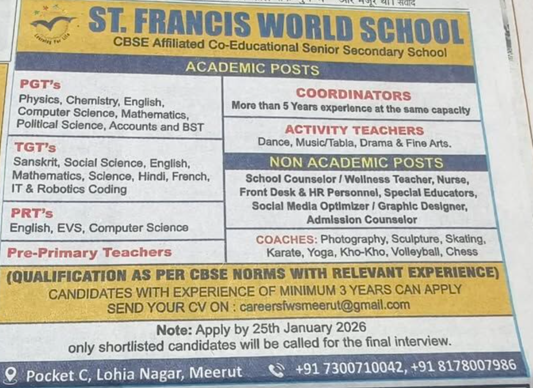 Teaching and Non-Teaching Jobs at St Francis World School, Meerut ...